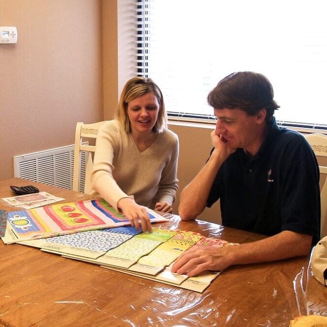 Kevin and I selecting fabric oh, so many years ago! We still do this ...