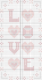 Counted cross stitch patterns are shown on a gridded chart marked with ...