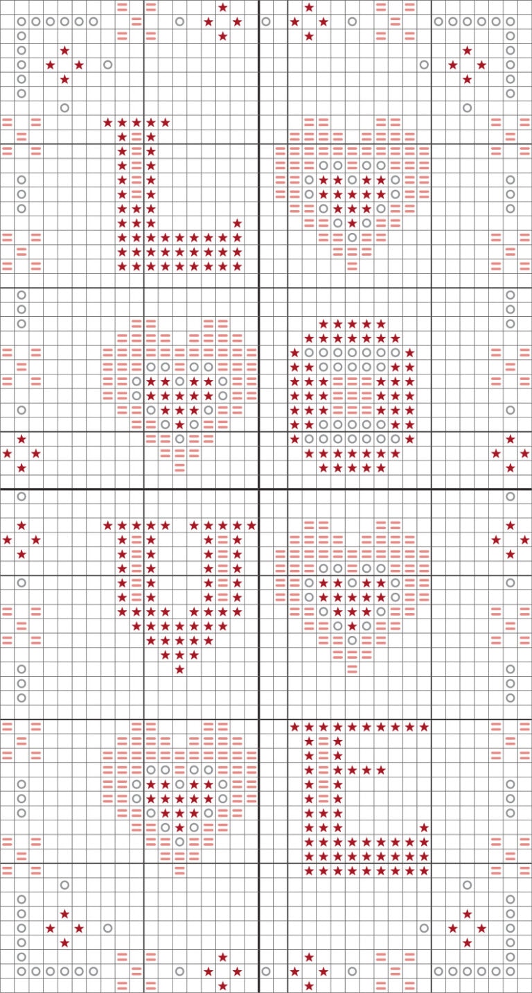 Counted cross stitch patterns are shown on a gridded chart marked with ...