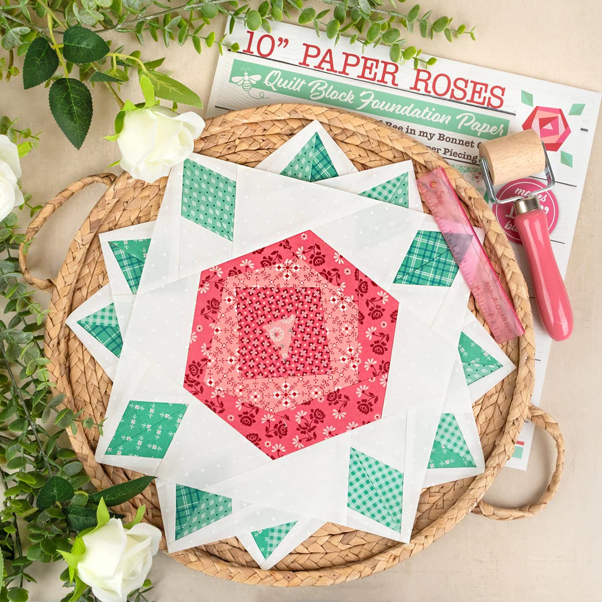 10" Paper Roses foundation paper with an example block, a seam roller ...