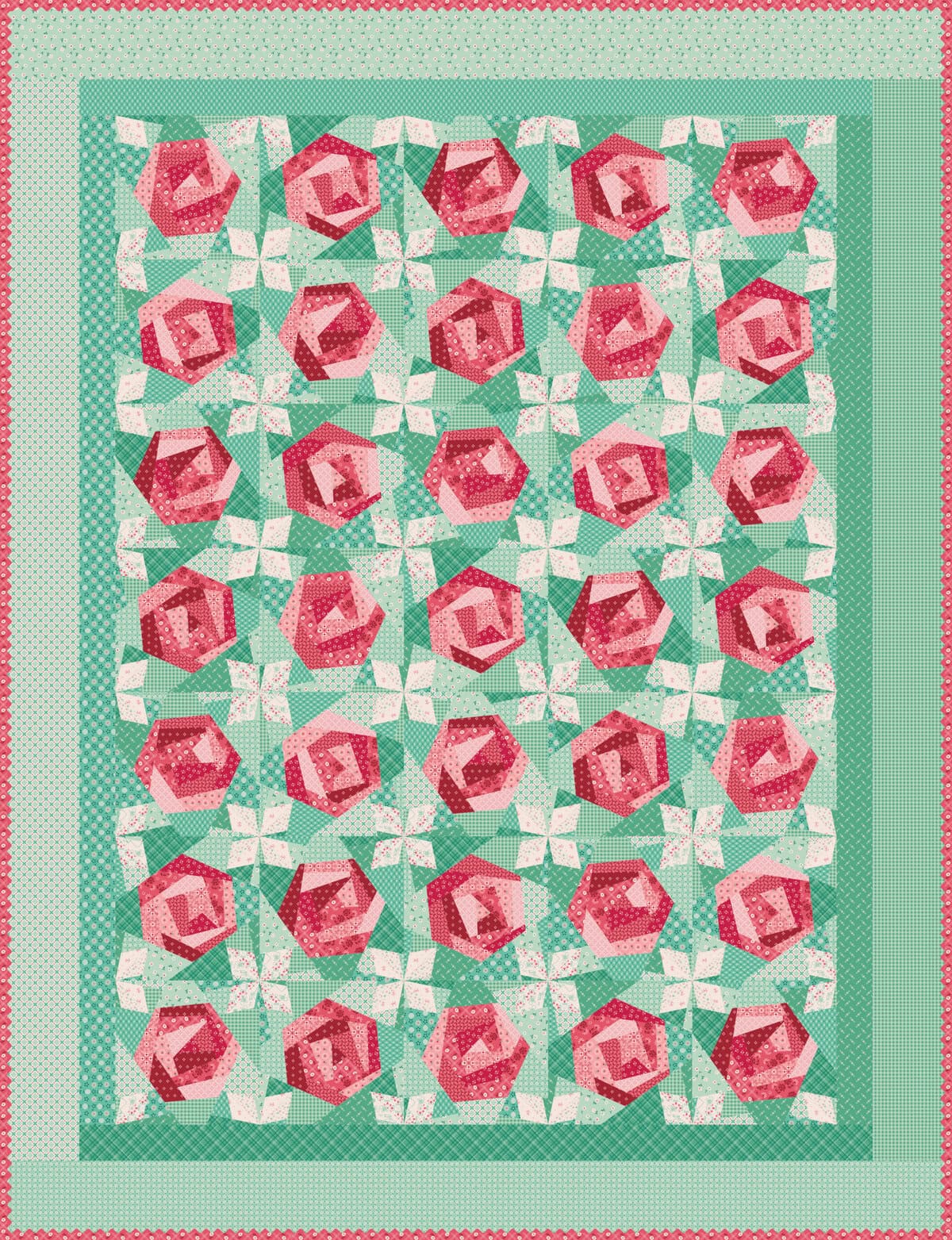 A digital mockup of the Paper Roses quilt pattern.